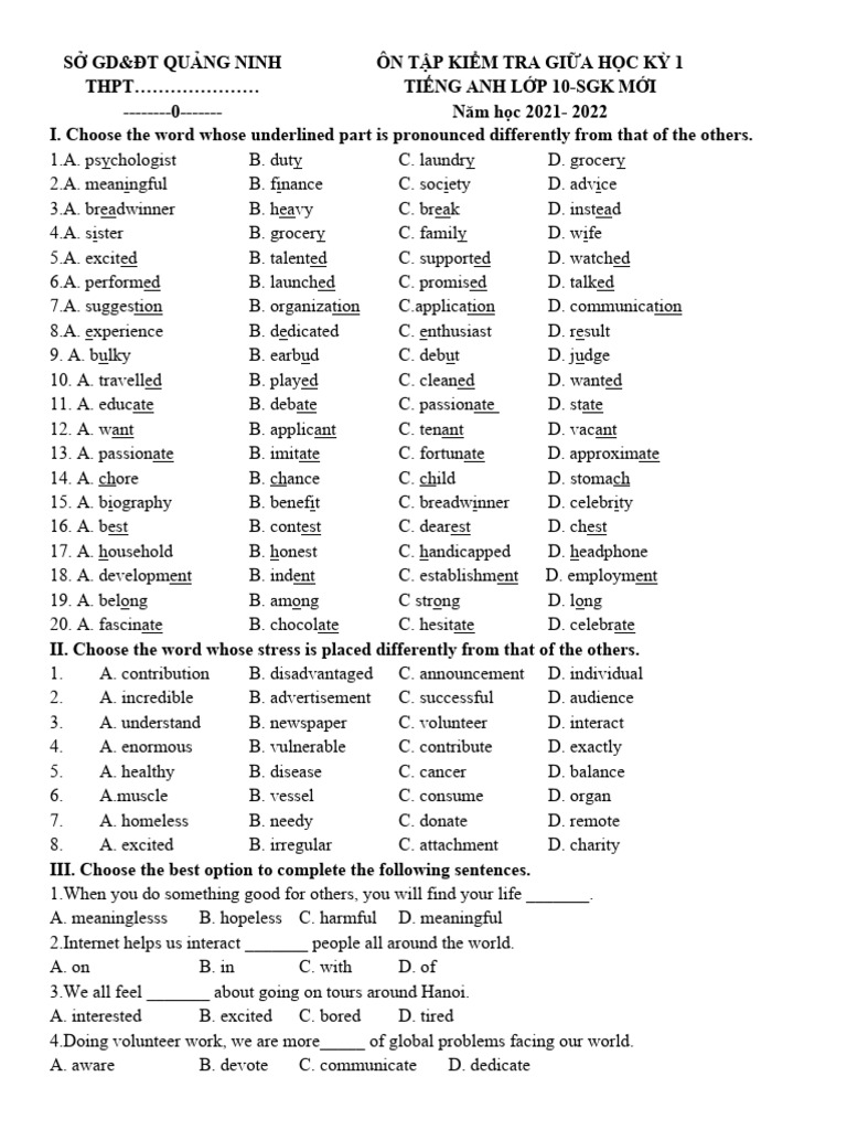 Tieng Anh 10 Sach Moi DE CUONG GIUA KI 1 TIENG ANH 10 THI DIEM | PDF