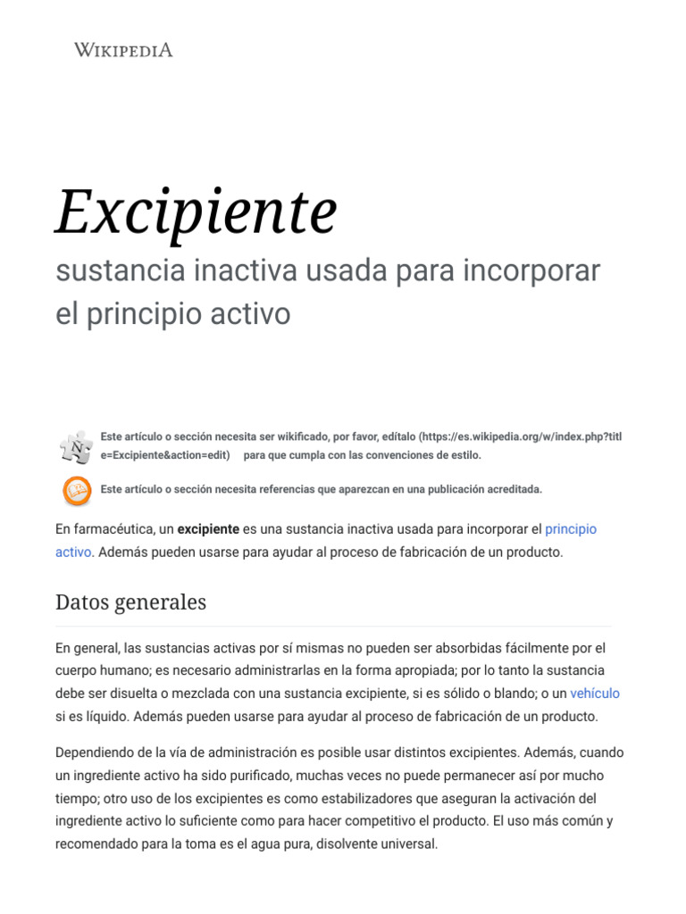 Excipiente - Wikipedia, La Enciclopedia Libre | PDF