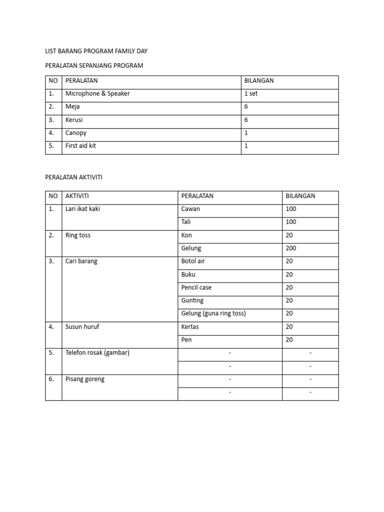 List Barang Program Family Day | PDF