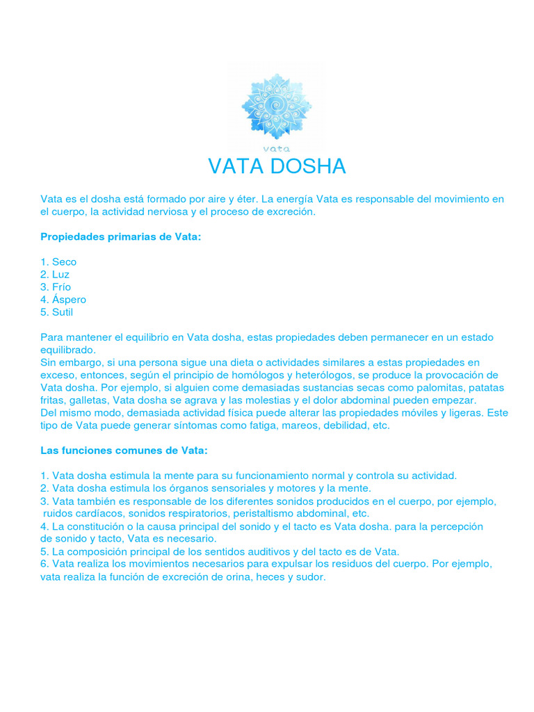 Equilibrio del Vata Dosha en Ayurveda | PDF