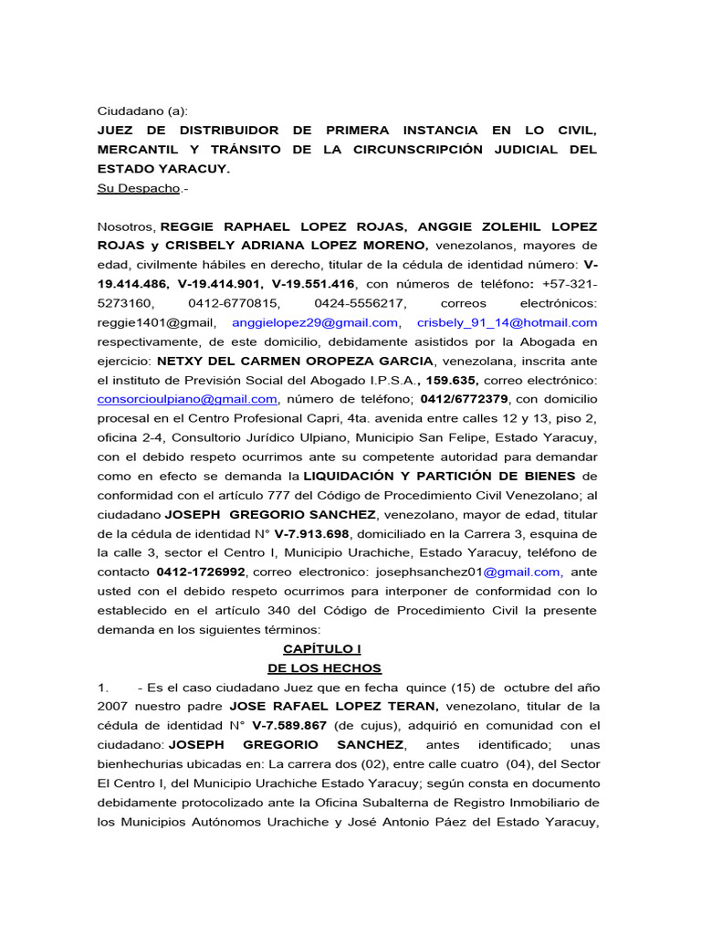 Demanda de Particion Hnos Lopez 11092023 | PDF | Procedimiento Civil ...