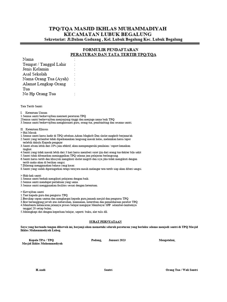 Formulir Pendaftaran TPQ | PDF