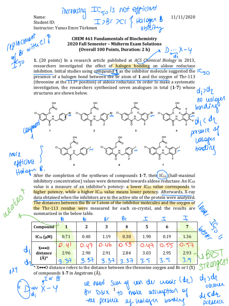 Biochemistry Fall 2020 Midterm Exam Solutions | PDF | Amino Acid | Hemoglobin