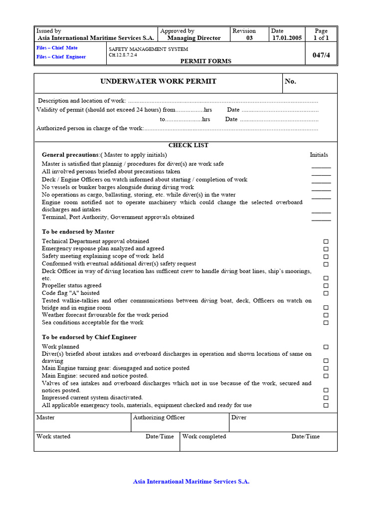 Underwater Work Permit Guide | PDF | Scuba Diving | Underwater Diving