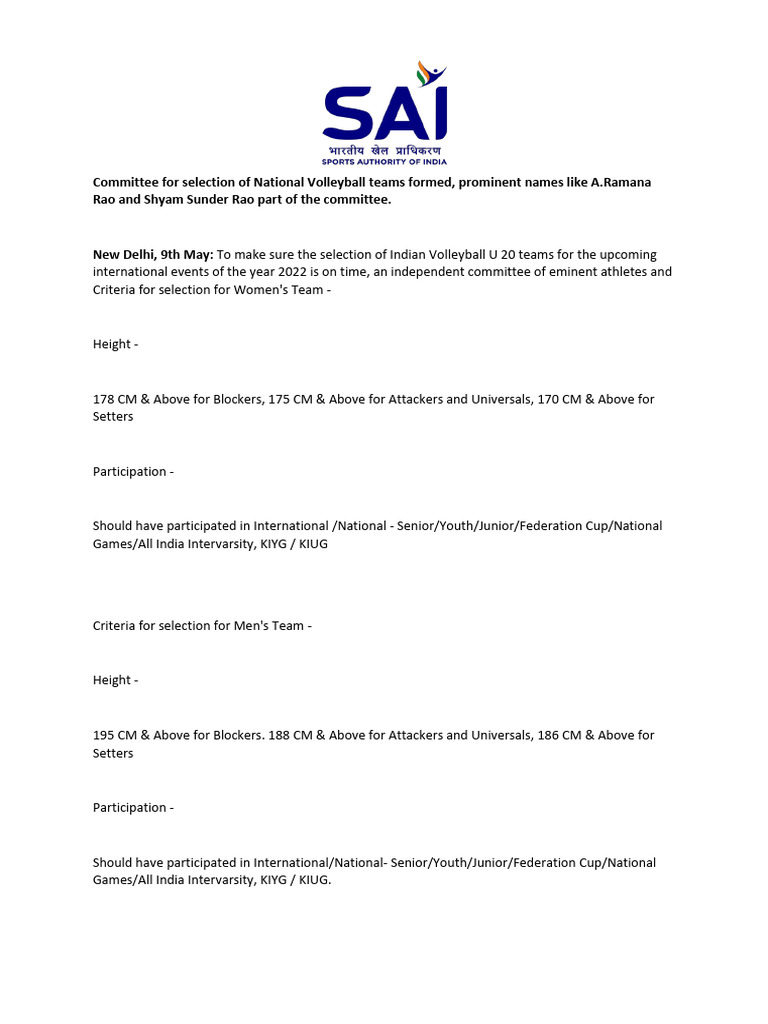 Committee For Selection of National Volleyball Teams Formed, Prominent ...