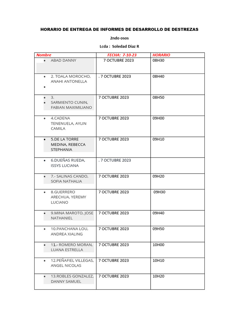 Horario de Entrega de Informes de Desarrollo de Destrezas | PDF