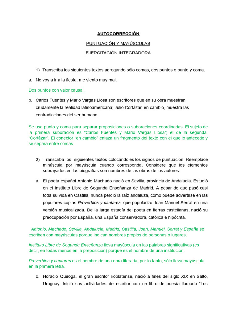 AUTOCORRECCIÓN. Puntuación y Máyusculas. Ejercitación Integradora | PDF ...