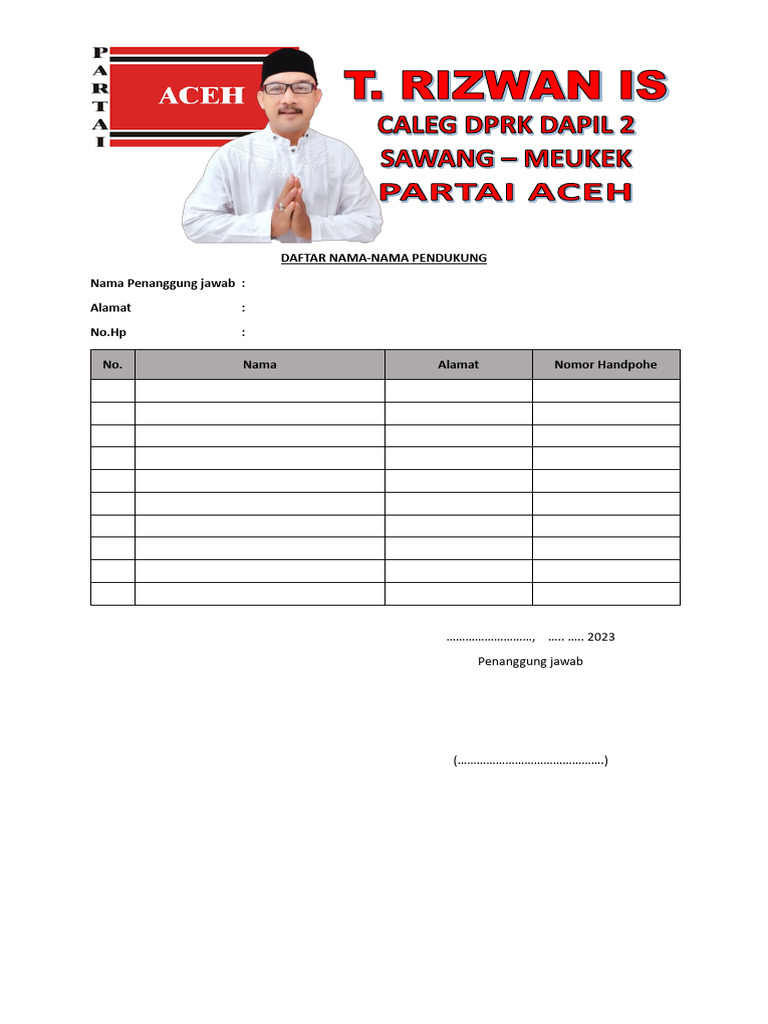 Daftar Nama Pendukung Tgk. Rizwan Is | PDF