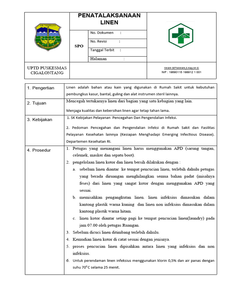 Sop Pengelolaan LINEN | PDF | Sains & Matematika