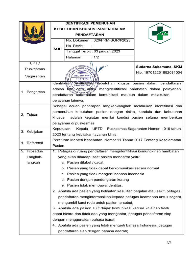 SOP IDENTIFIKASI DAN PEMENUHAN KEBUTUHAN PASIEN DENGAN RESIKO, KENDALA DAN KEBUTUHAN KHUSUS ...