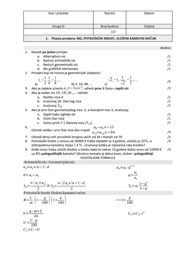 Nizovi Potr Kred I SKR Pismeni 3s | PDF