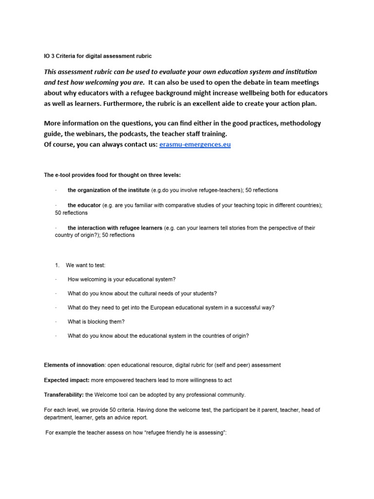 Cluster IO3 Assessment Rubric | PDF | Teachers | Learning