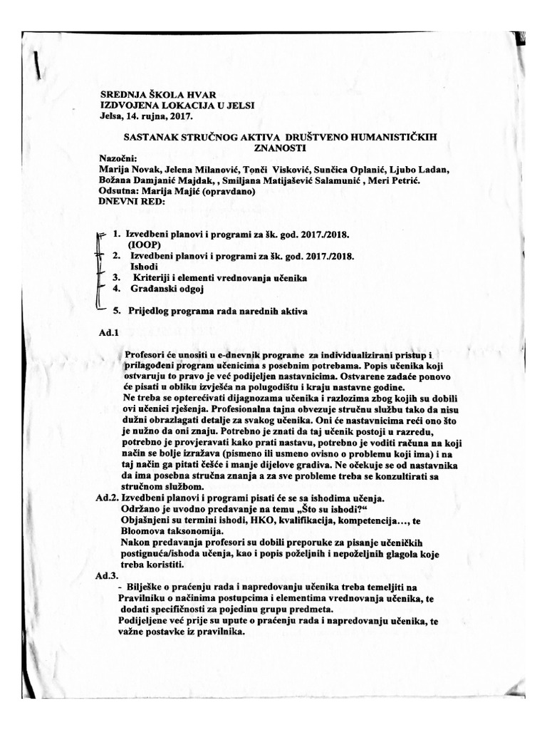 Primjer Izviješće Sastanak Stručnog Aktiva | PDF