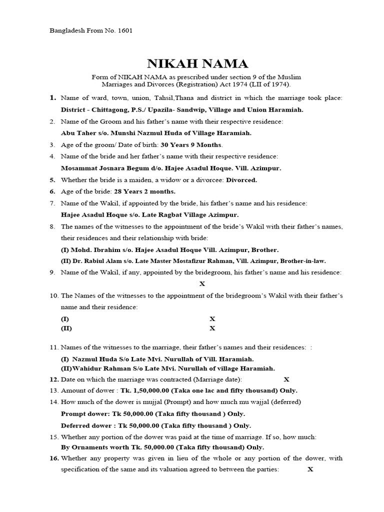 Nikah Form English Blank Bangla | PDF | Marriage | Social Conventions