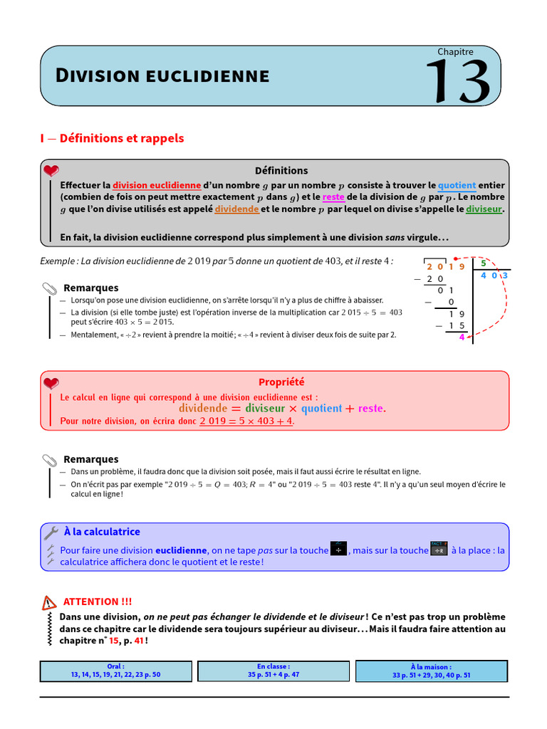 Division Euclidienne Cours 1 | PDF