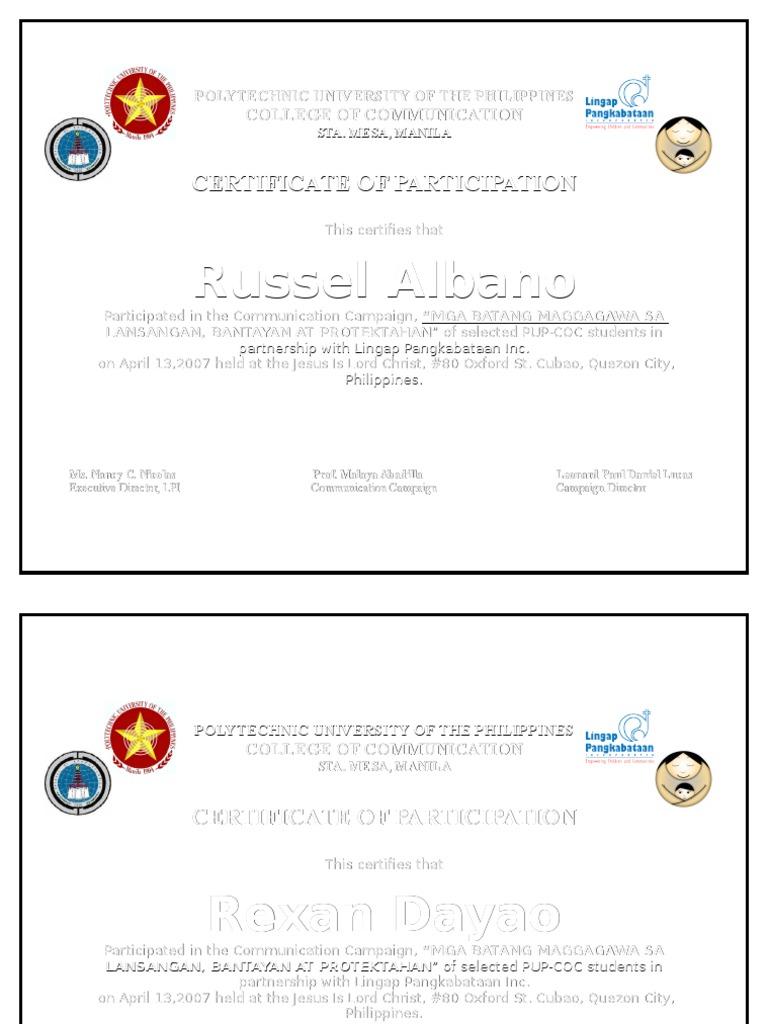 Pup Certificate | Publicly Executed People | Manila