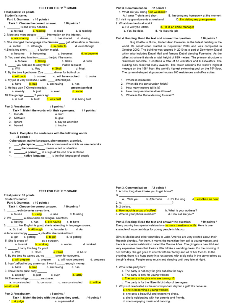 11th Grade English Test | PDF | Marie Curie