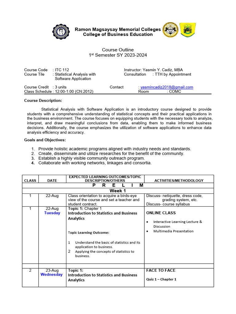 PRELIM-COURSE OUTLINE 1st SEM 2023-24 ITC 112 | PDF | Statistics | Probability
