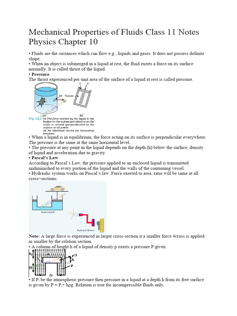 Mechanical Properties of Fluids Class 11 Notes Physics Chapter 10 | PDF