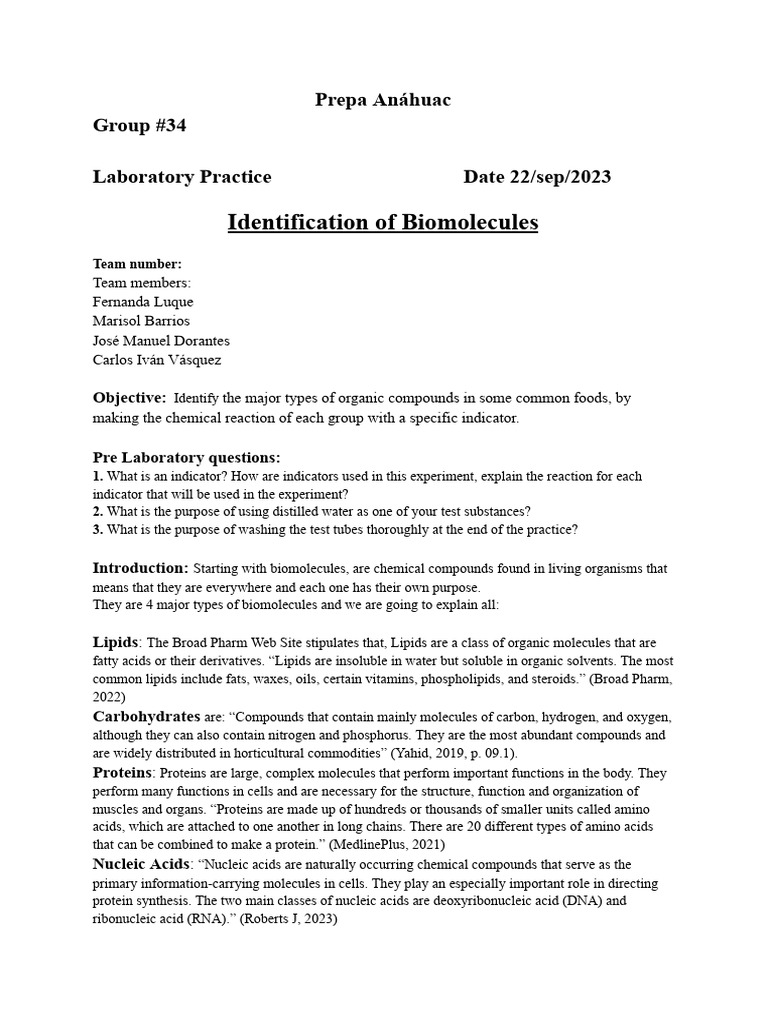 Laboratory Practice Identification of Biomolecules | PDF | Biomolecules ...