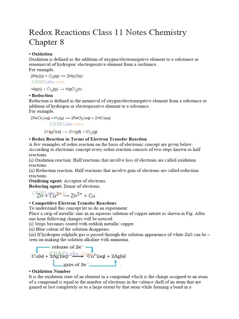 Redox Reactions Class 11 Notes Chemistry Chapter 8 | PDF