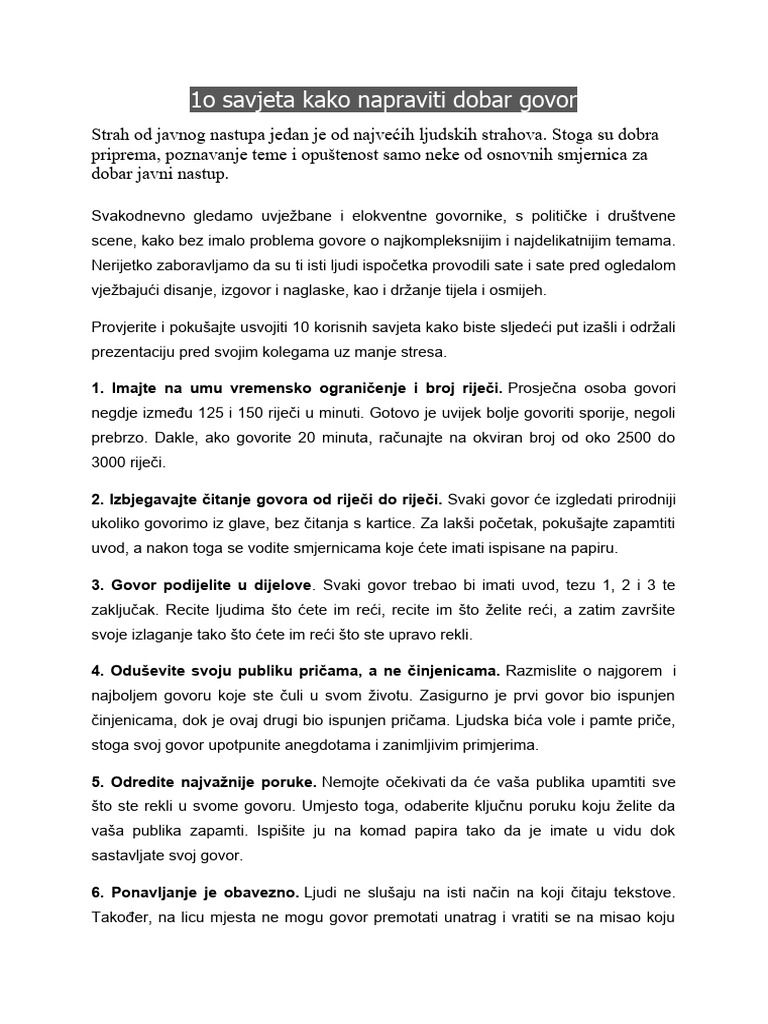 1o Savjeta Kako Napraviti Dobar Govor | PDF