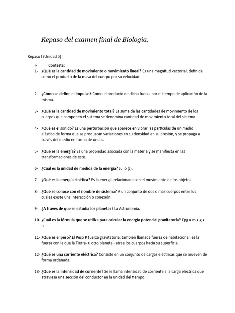 Repaso Examen Final de Biología | PDF | Corriente eléctrica | Olas