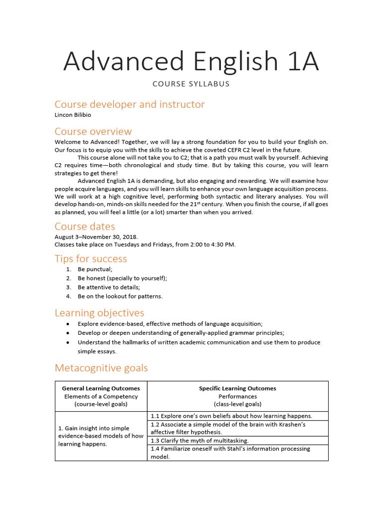 Advanced English Course Guide | PDF | Language Acquisition | Learning