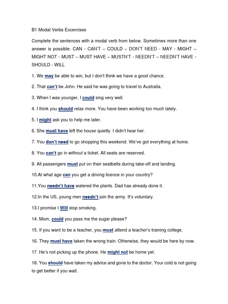 B1 Modal Verbs Exercises with Answers | PDF