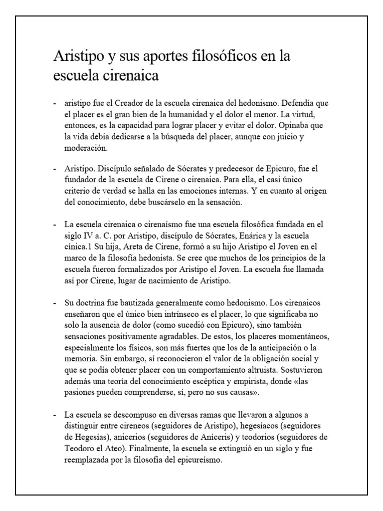Aristipo y Sus Aportes Filosóficos en La Escuela Cirenaica | PDF Aristipo y Sus Aportes Filosóficos en La Escuela Cirenaica | PDF