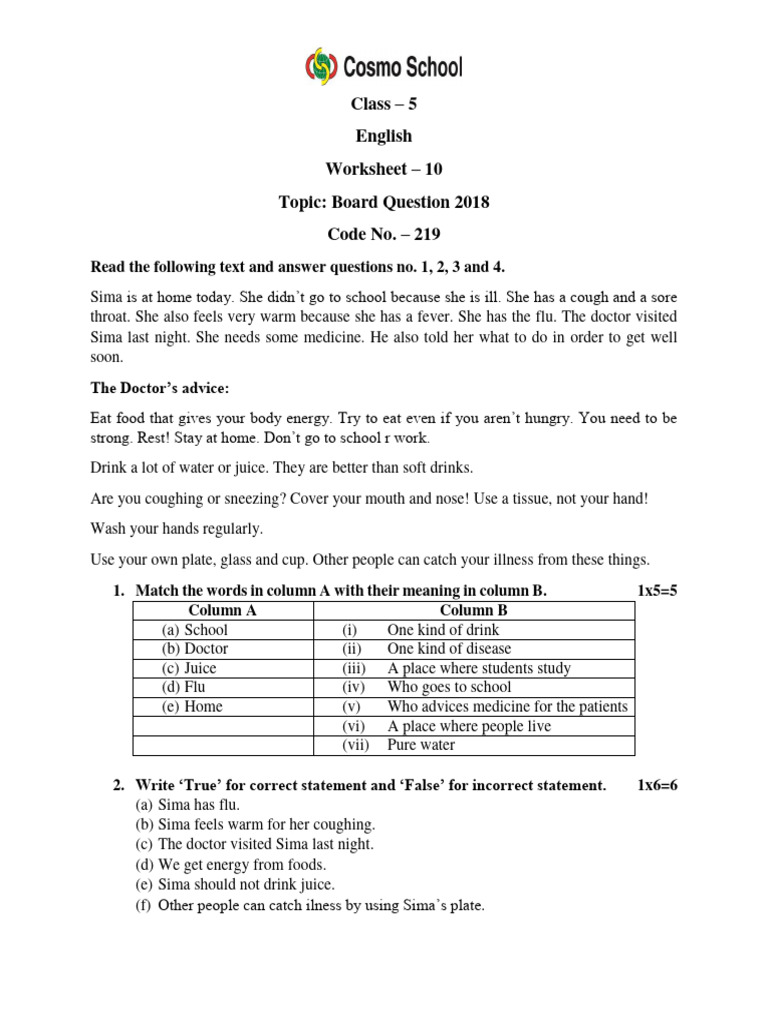 Class - 5, English, Worksheet-10 | PDF | Language Arts & Discipline