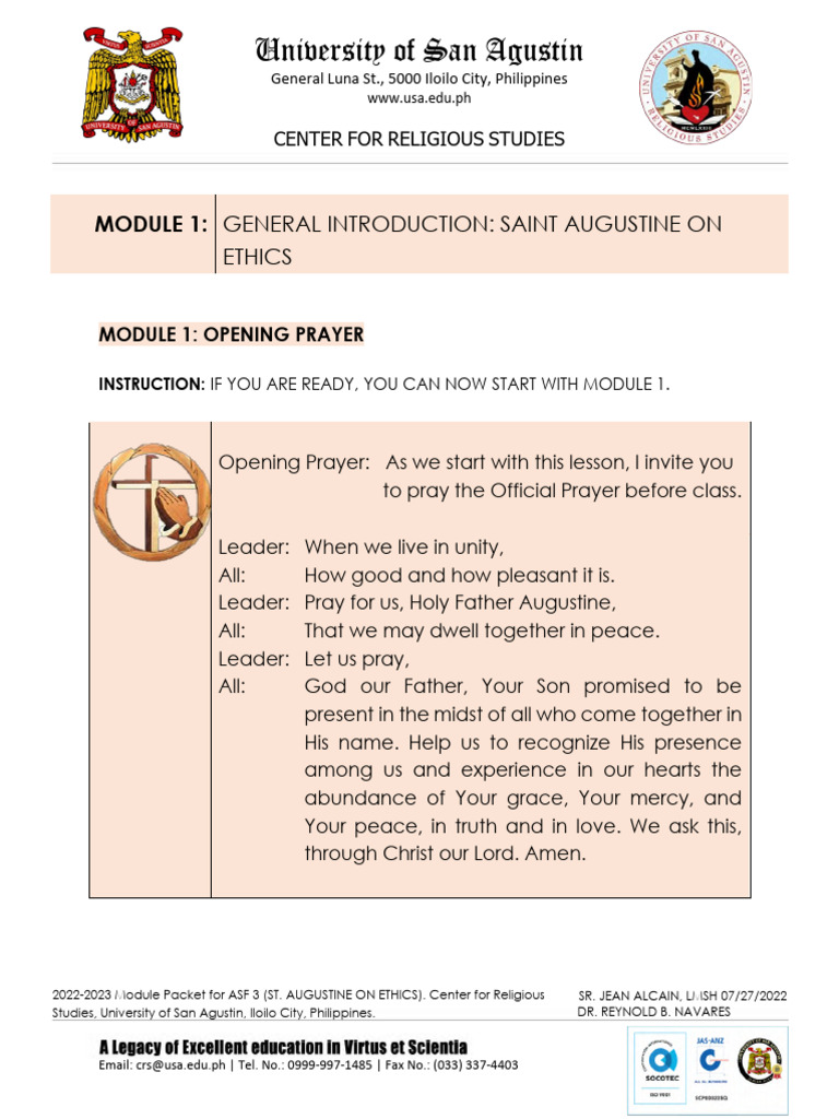 Asf 3 Module 1 General Introduction Saint Augustine On Ethics 1 | PDF