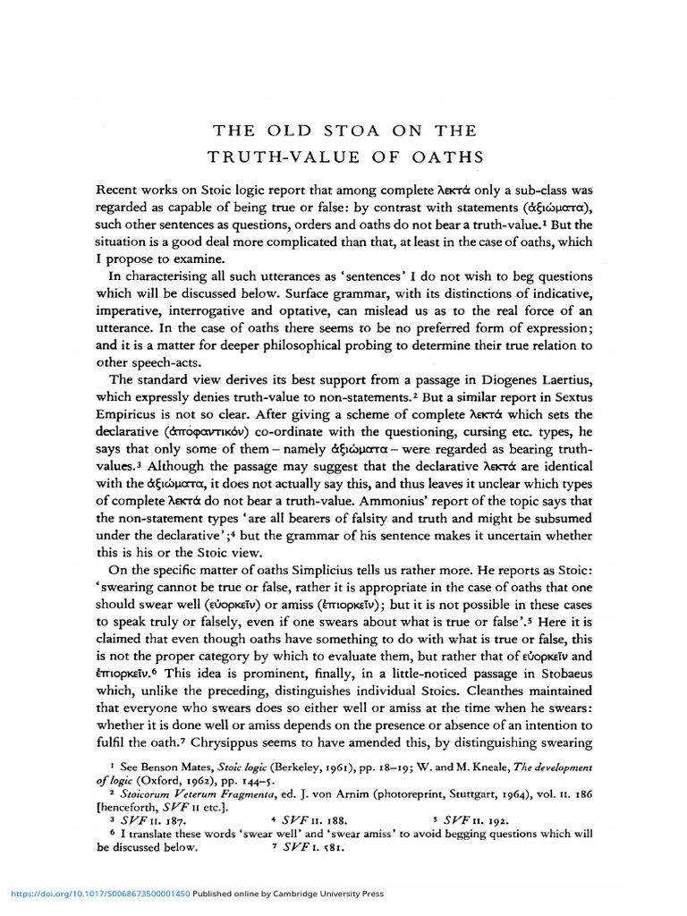 The Old Stoa On The Truth Value of Oaths | PDF | Stoicism | Truth
