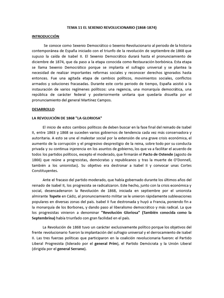 Tema 11 El Sexenio Revolucionario (1868-1874) | PDF | Política de españa | España