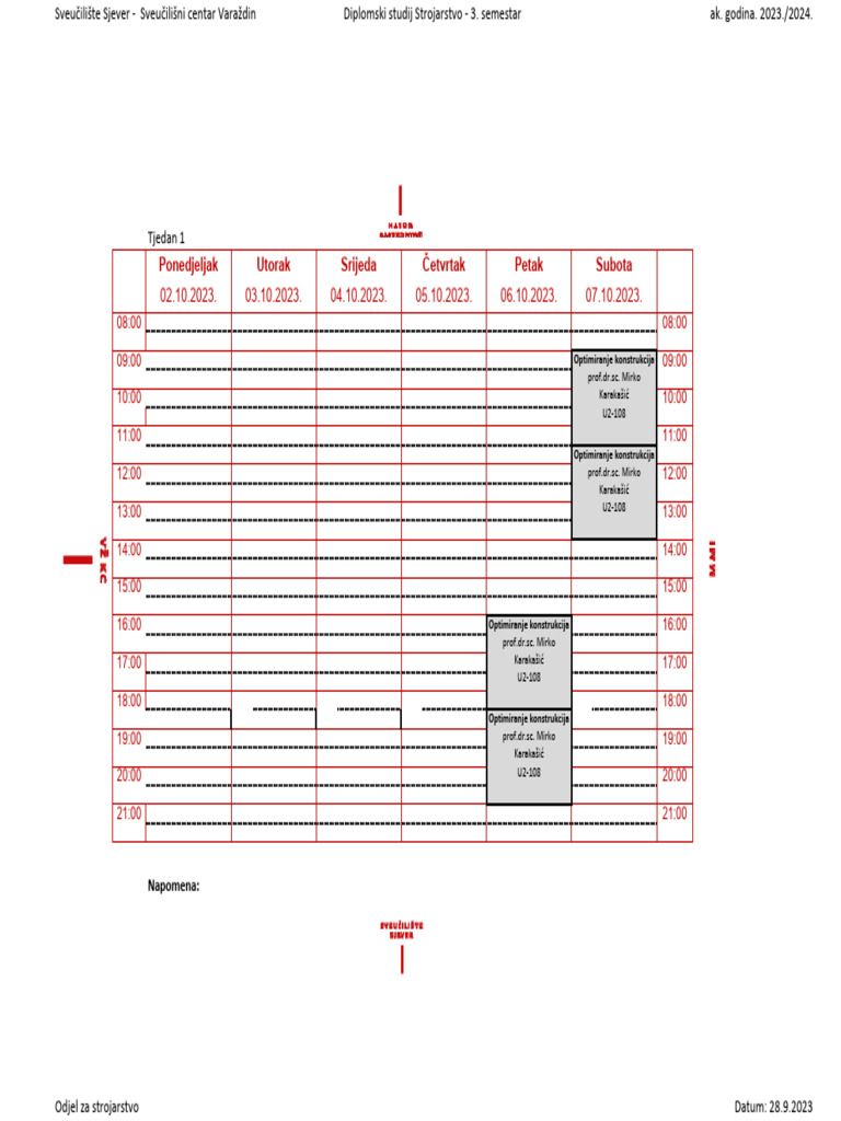 Raspored 3. Semestar - 2023 - 2024 Tjedni 1 5 | PDF