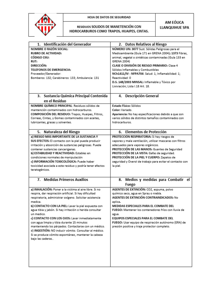 ANEXO 9 Hoja Seguridad Trapos y Otros Residuos | PDF