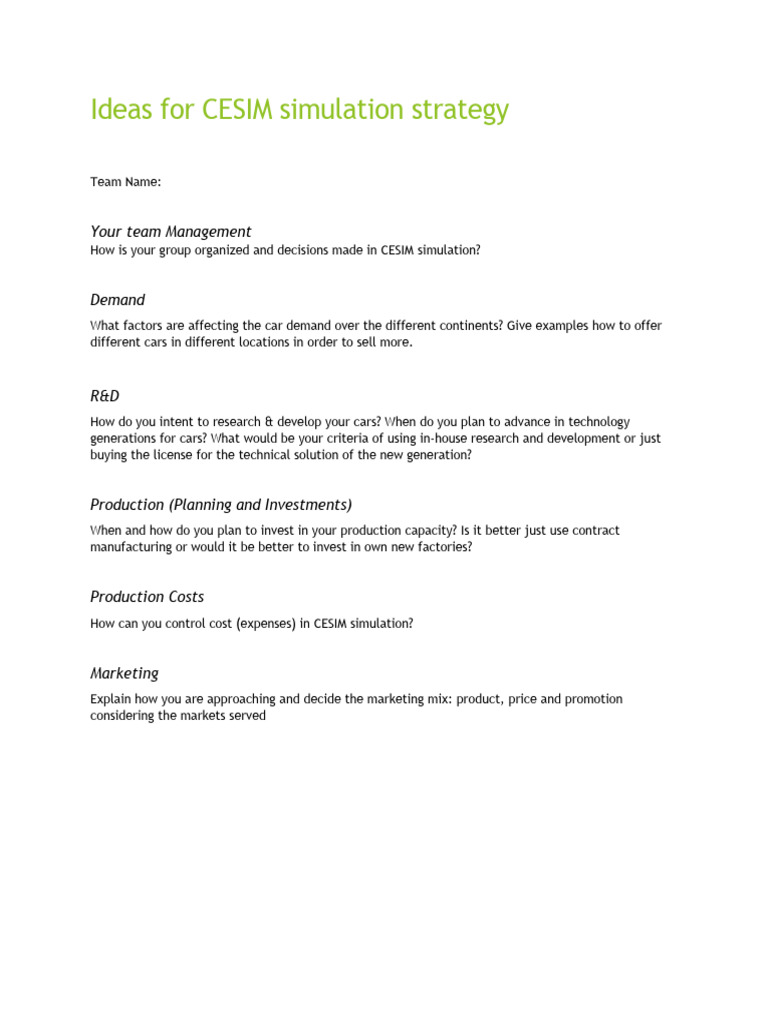 Ideas For CESIM Simulation Strategy Presentation | PDF