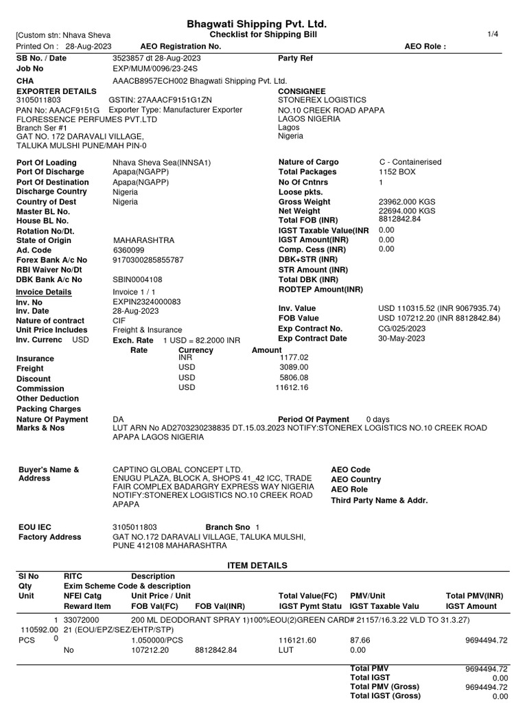 Shipping Bill Checklist for Export | PDF | Trade | Economies