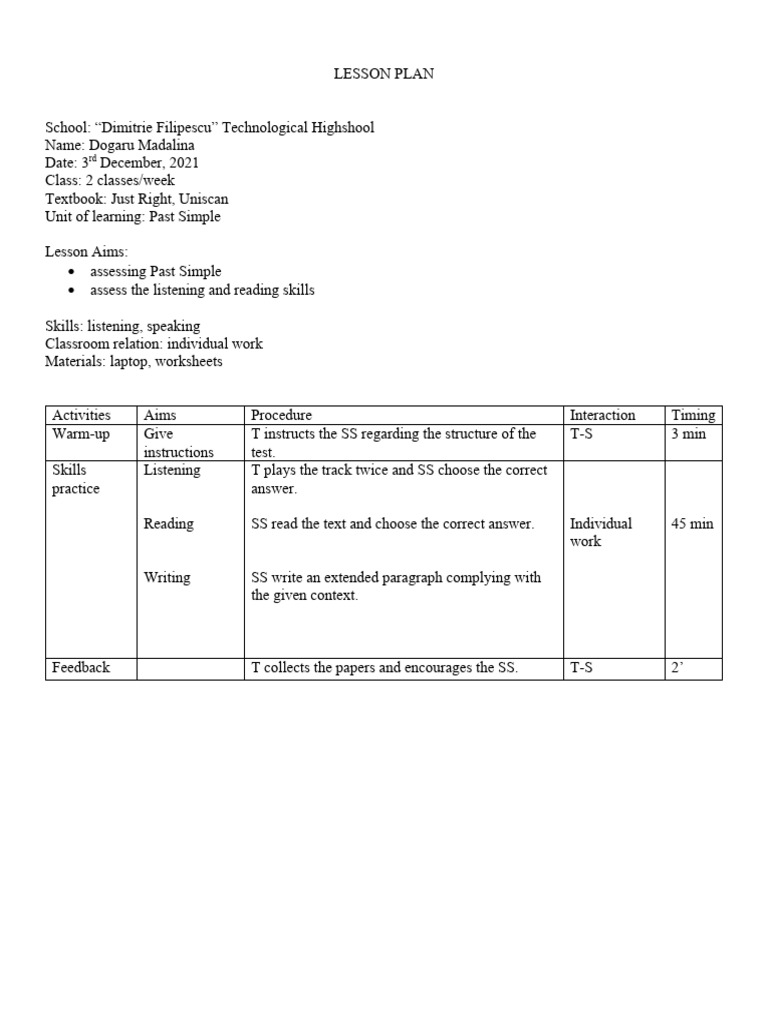 Past Simple Lesson Plan for ESL Students | PDF