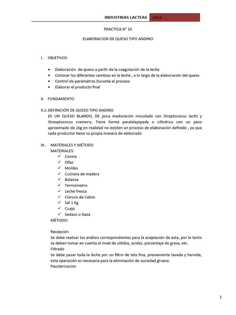 Practica N 10 Elaboracion de Queso Tipo | PDF