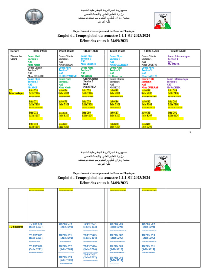 Emploi Du Temps-S1-2023-2024-Final17-9 | PDF