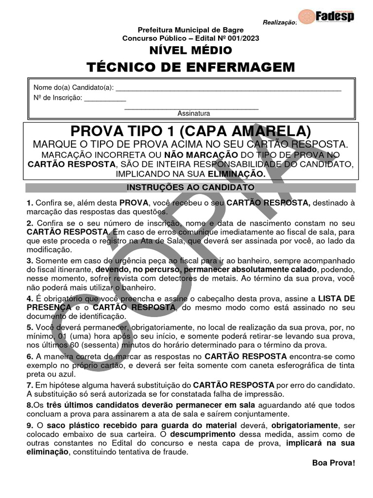 Prova Nível Médio Técnico de Enfermagem Tipo 1 04-09-2023 | PDF ... Prova Nível Médio Técnico de Enfermagem Tipo 1 04-09-2023 | PDF ...