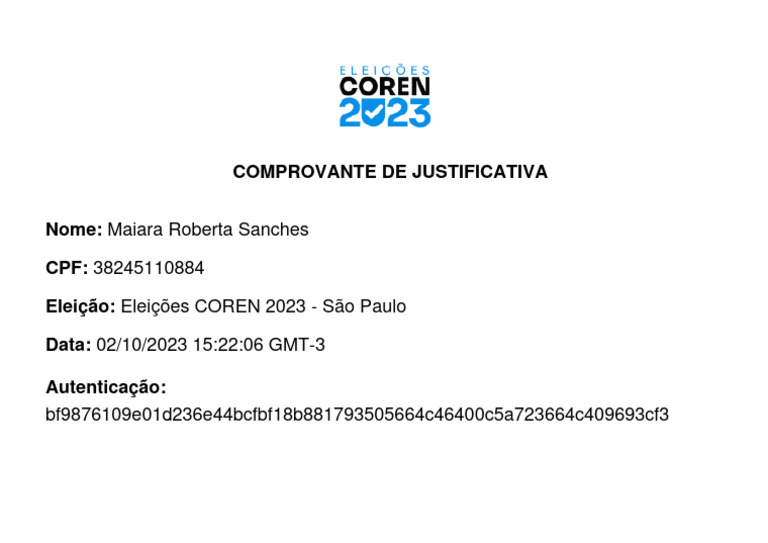 Comprovante Justificativa COREN SP 38245110884 | PDF