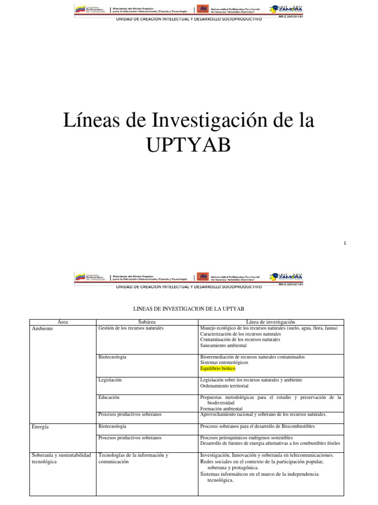 Líneas de Investigación UPTYAB - Resumen | PDF