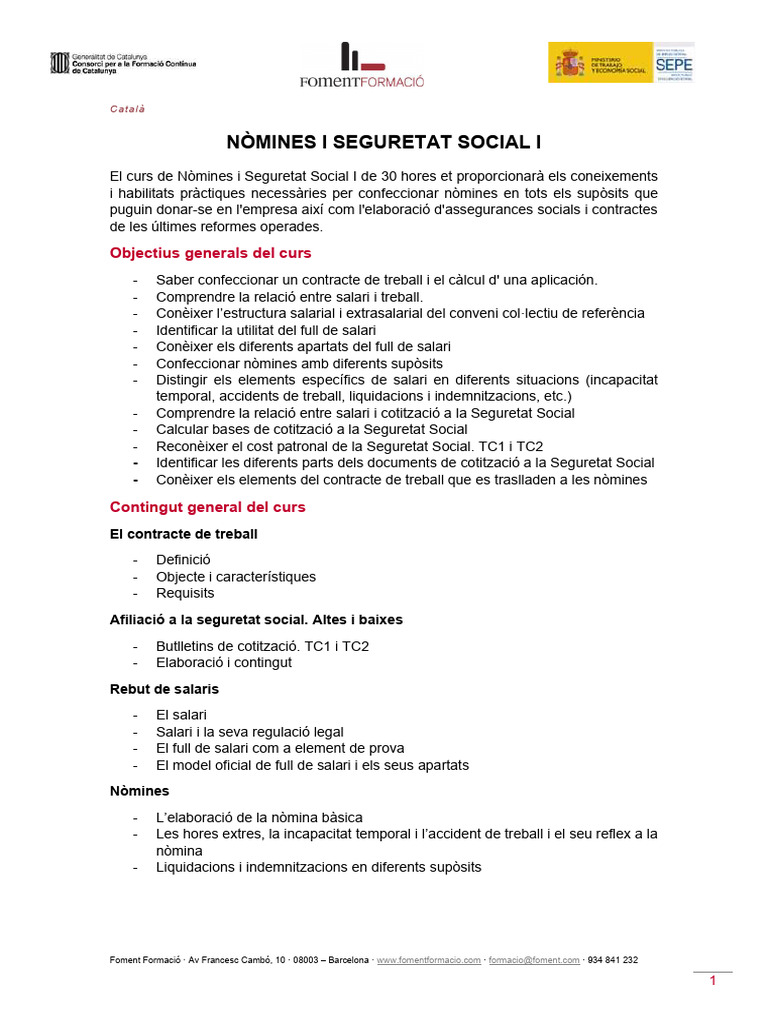 Nòmines I Seguretat Social I: Objectius Generals Del Curs | PDF