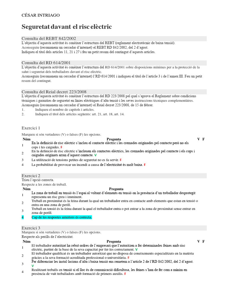 02 Exercicsis PRL Seguretat Davant El Risc Elèctric (Opcional) | PDF