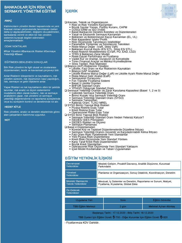 TBB Bankacilar Icin Risk Ve Sermaye Yonetimi Egitimi | PDF