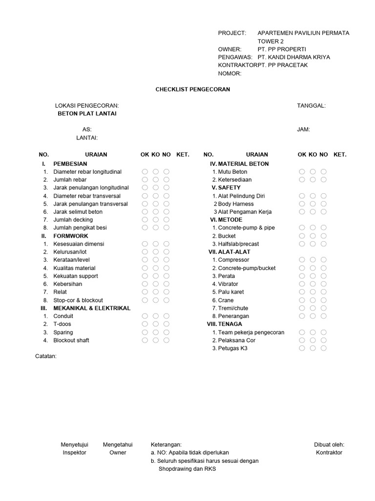Checklist - Pengecoran - APP | PDF