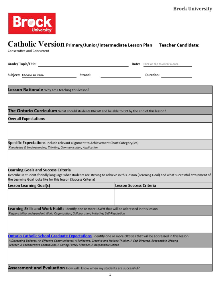2021 Brock Catholic Version PJI Lesson Plan Template | PDF