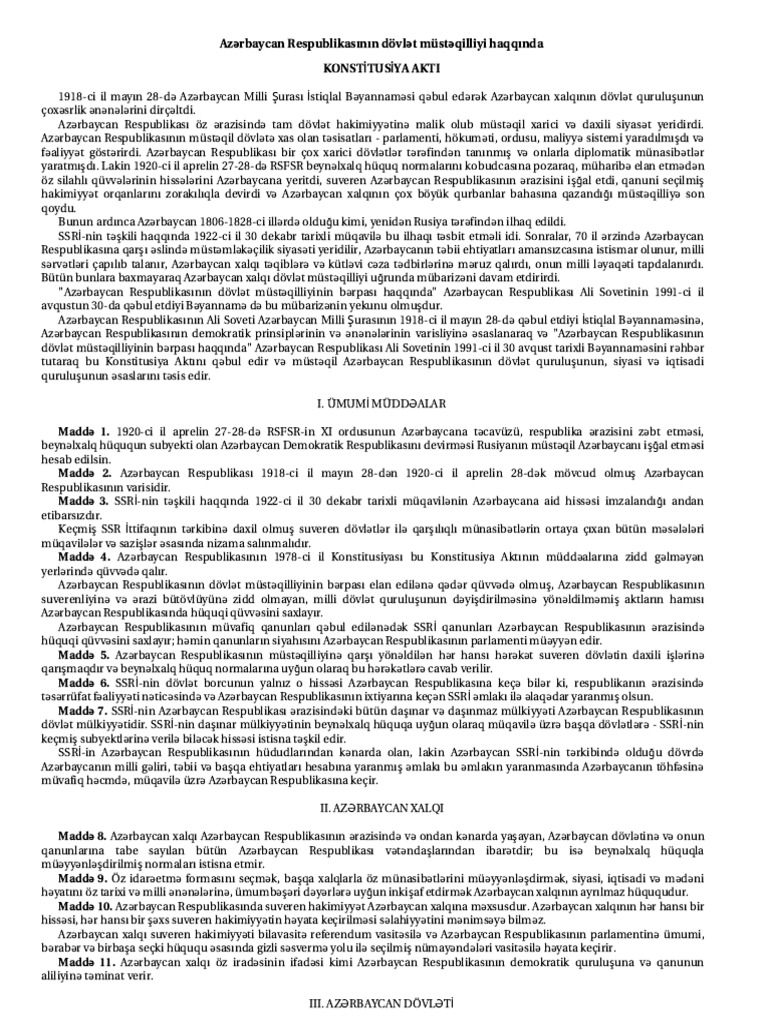 Azərbaycan Respublikasının Dövlət Müstəqilliyi Haqqında | PDF